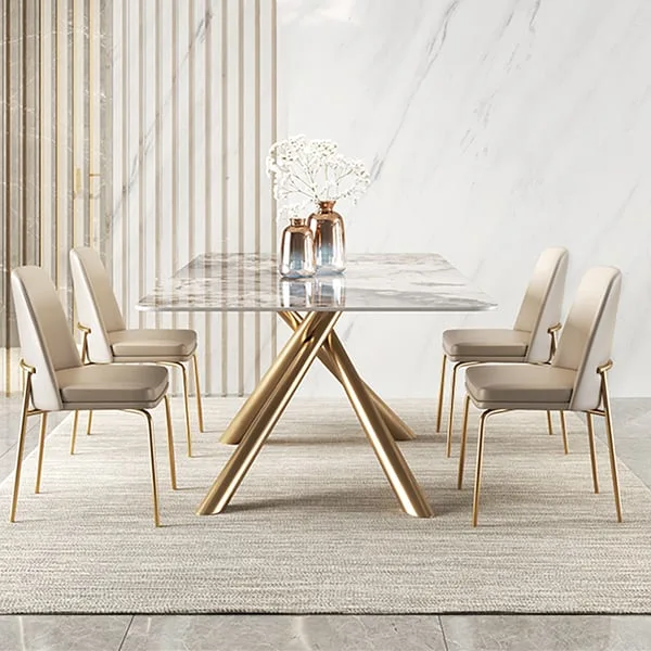 Modern Sintered Stone Top Rectangle Dining Table in Pandora & Gold with ...