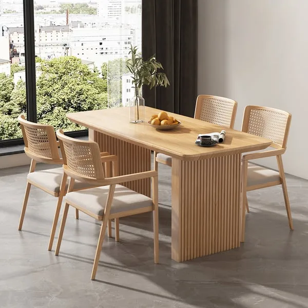 Rectangular Dining Table Natural Solid Wood Table Ribbed Legs – OVeee