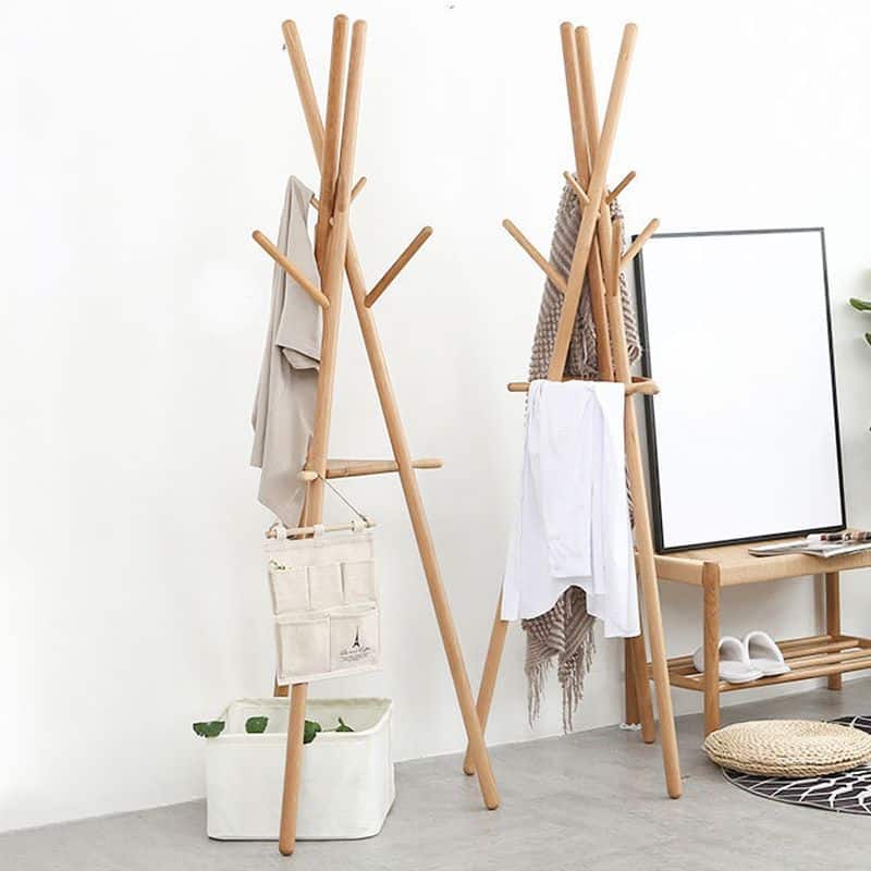 Simplistic Natural Wood Free Standing Coat Rack with Wood Hook, Natural ...