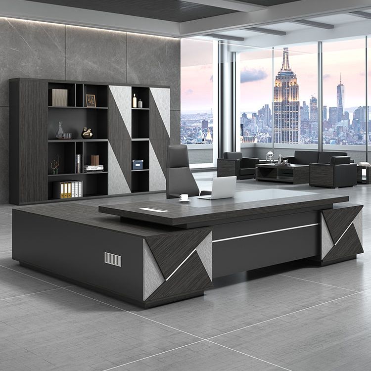 Modern Black Long Executive Office Desk Without Cabinet and Keyboard ...